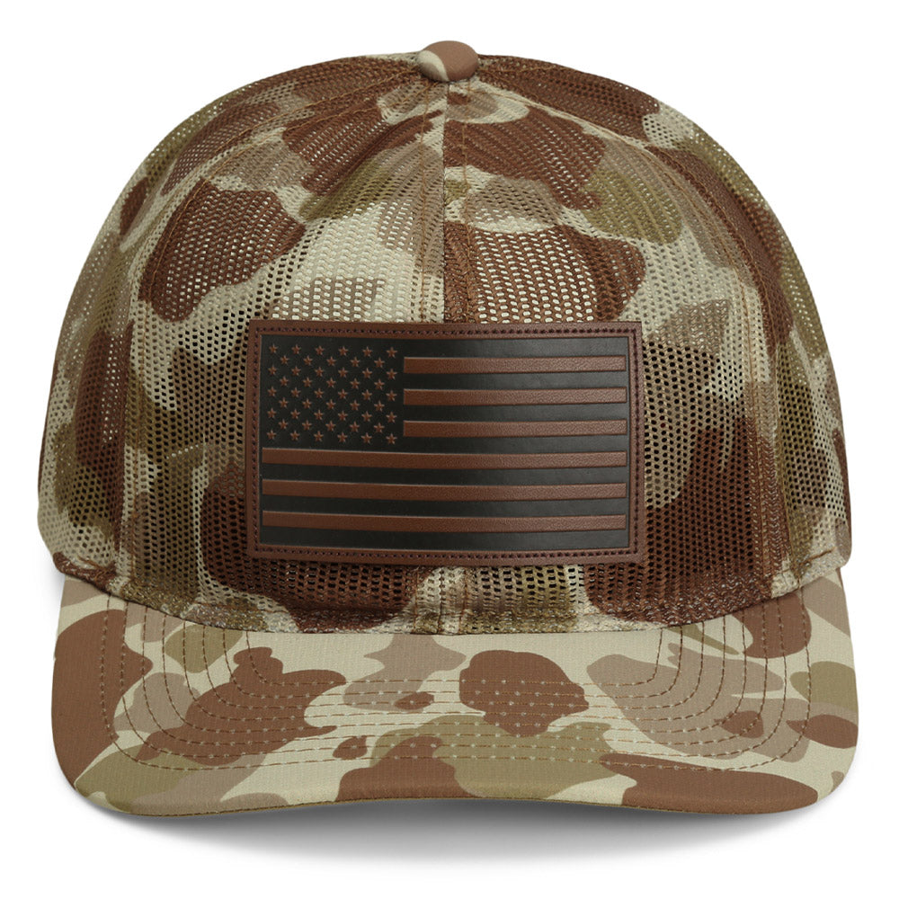 Old School Desert Camo All Mesh Leather Patch American Flag Hat ...
